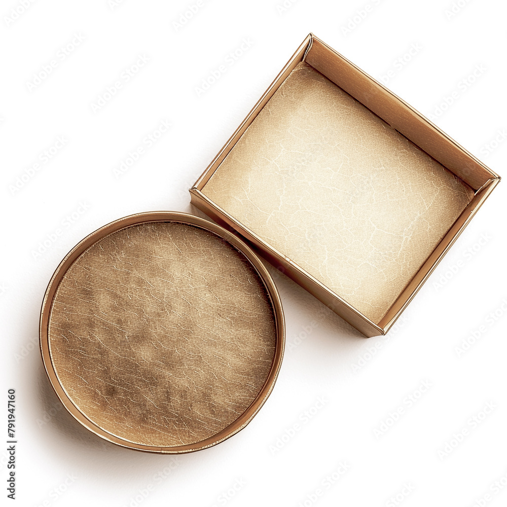 Gold box background. Top view to an open metal vintage container ...