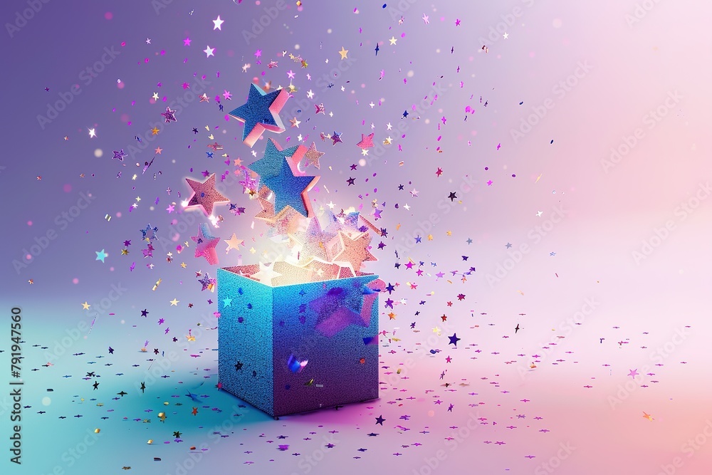 Magic box bursting with sparkling stars on a gradient background. Stock ...