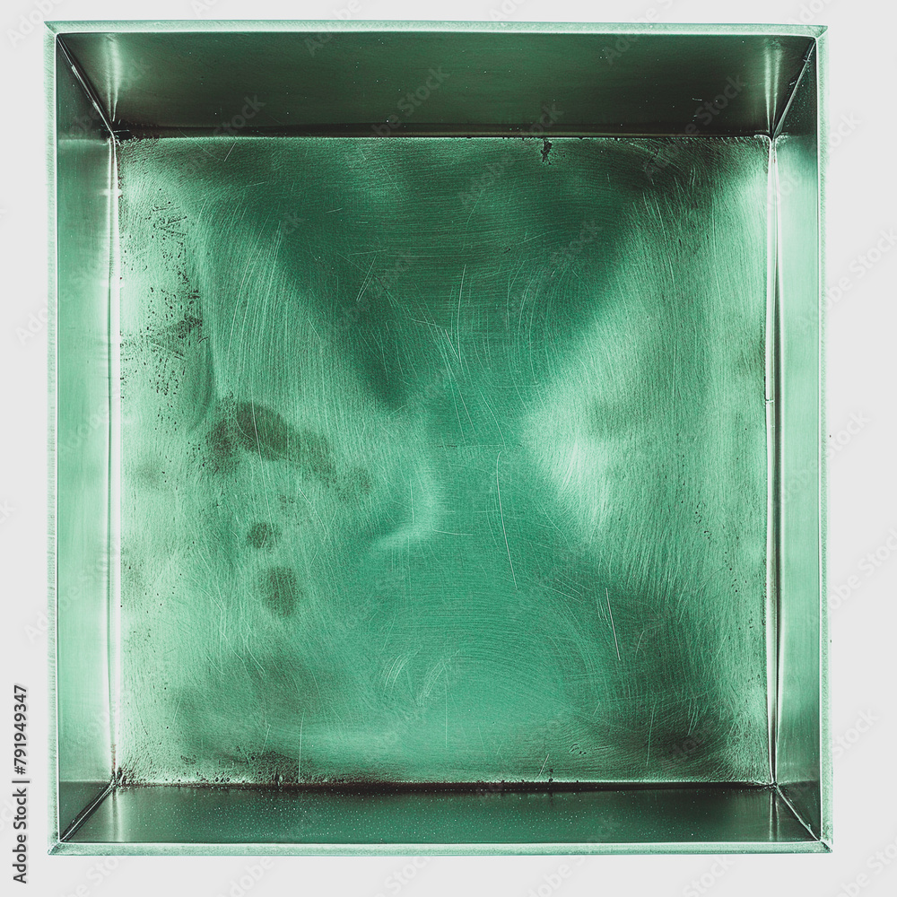 Gold box background. Top view to an open metal vintage container ...