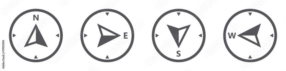 Set of compass icons. North, south, east and west, direction, arrow ...