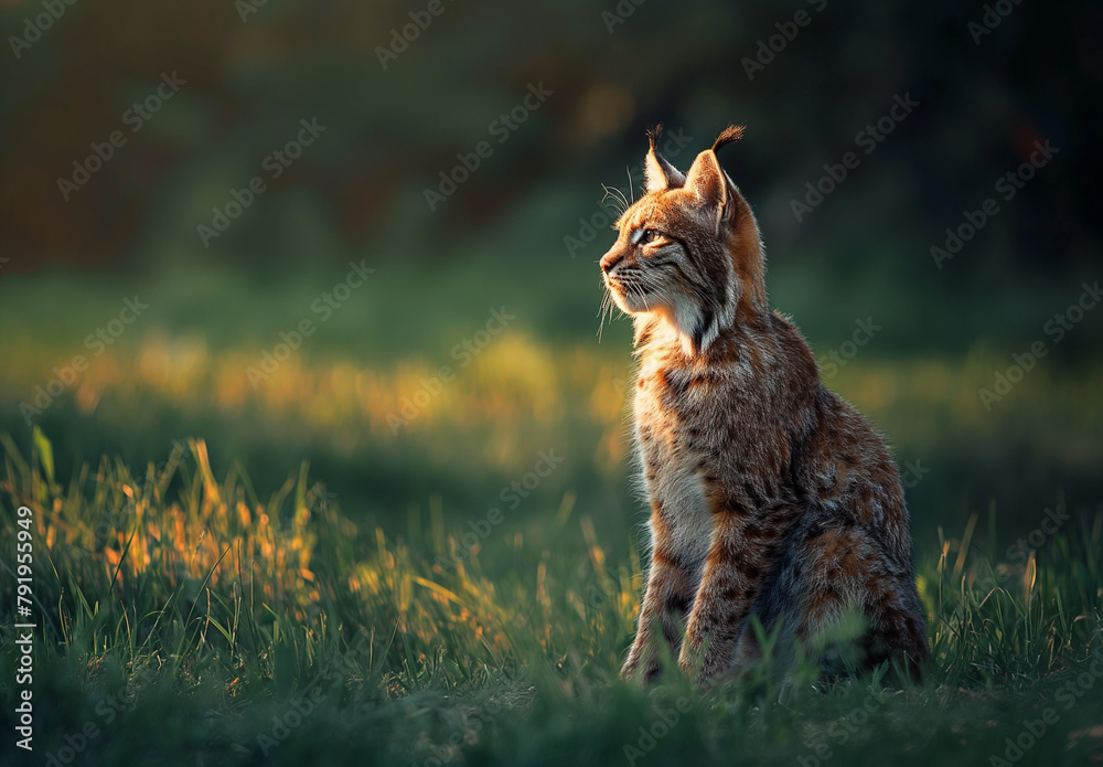 The soft glow of sunset highlights the thoughtful gaze of a lynx ...