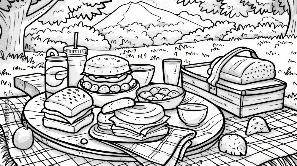 Food: A coloring book page depicting a picnic scene with sandwiches ...