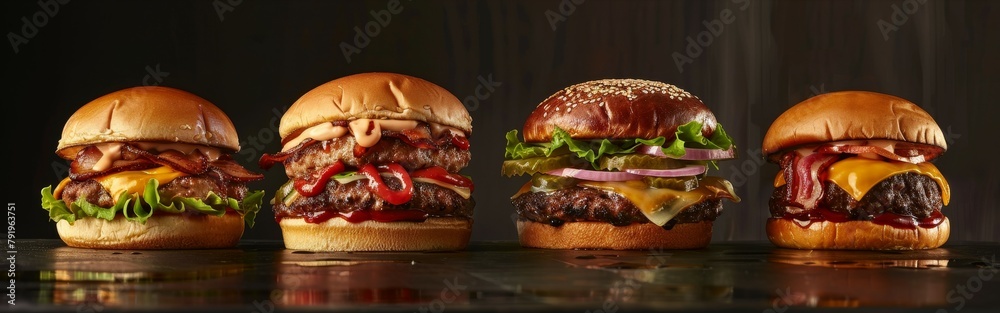 Four different types of hamburgers are displayed on a table. The ...