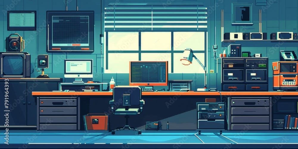 A computer lab with a desk and a chair. There is a window with blinds ...