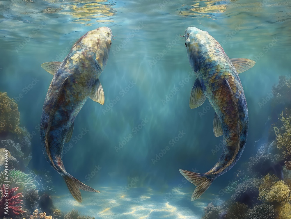 Two fish swimming in the ocean with a blue background. The fish are ...