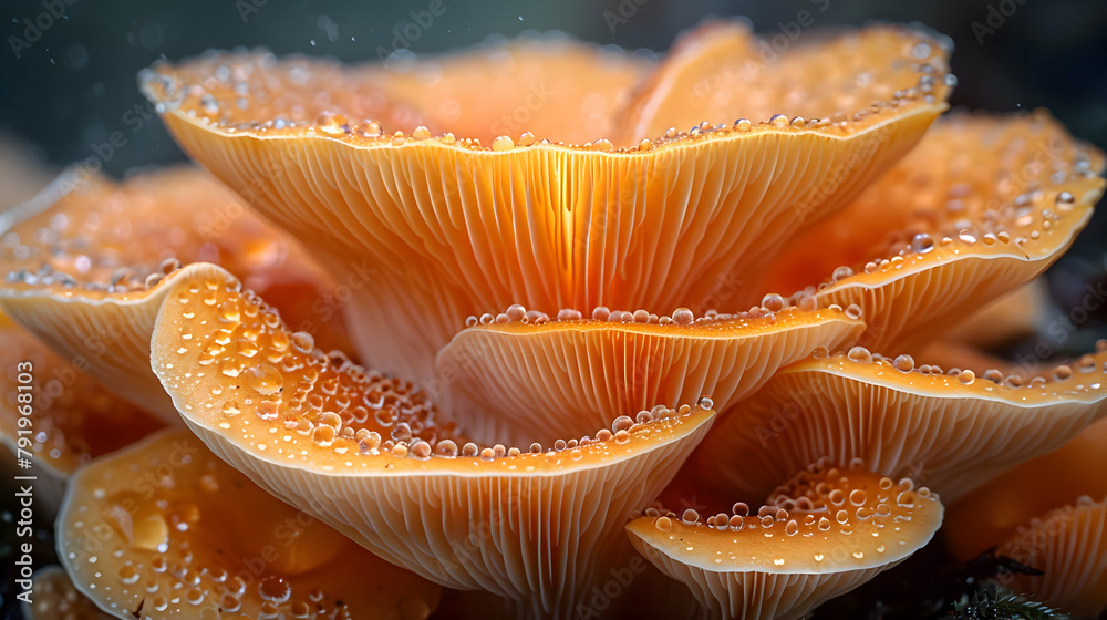 The surface of a mushroom cap, showing the gills in vivid detail and ...