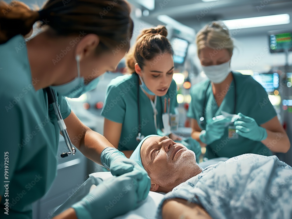 A group of nurses are working on a patient in a hospital. Scene is ...