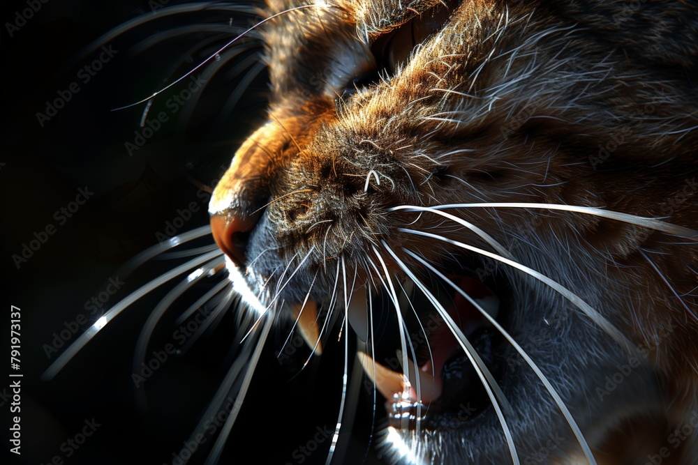 Side view of angry's cat or lynx open mouth. Jaws full of fangs. Macro ...