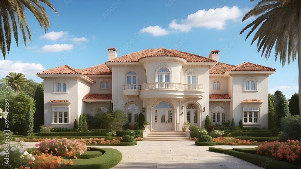 A photorealistic image of a Mediterranean-inspired villa located in the ...