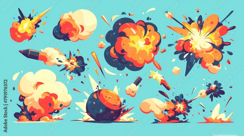 2d icons portraying cartoon doodle bomb explosions comic clouds smoke ...