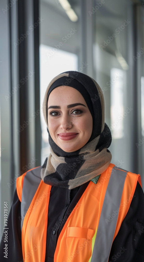 portrait of a smiling female engineer wearing a hijab in a corporate ...