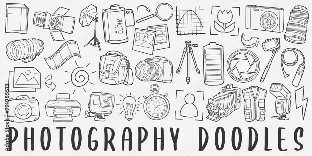 Photography Doodle Icons Black and White Line Art. Camera Clipart Hand ...