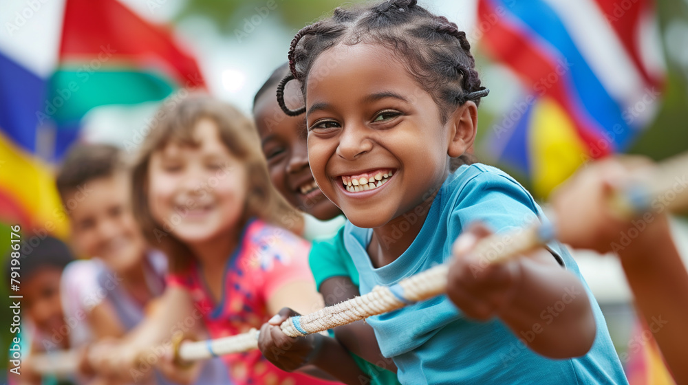 Children from different countries play tug-of-war together against a ...