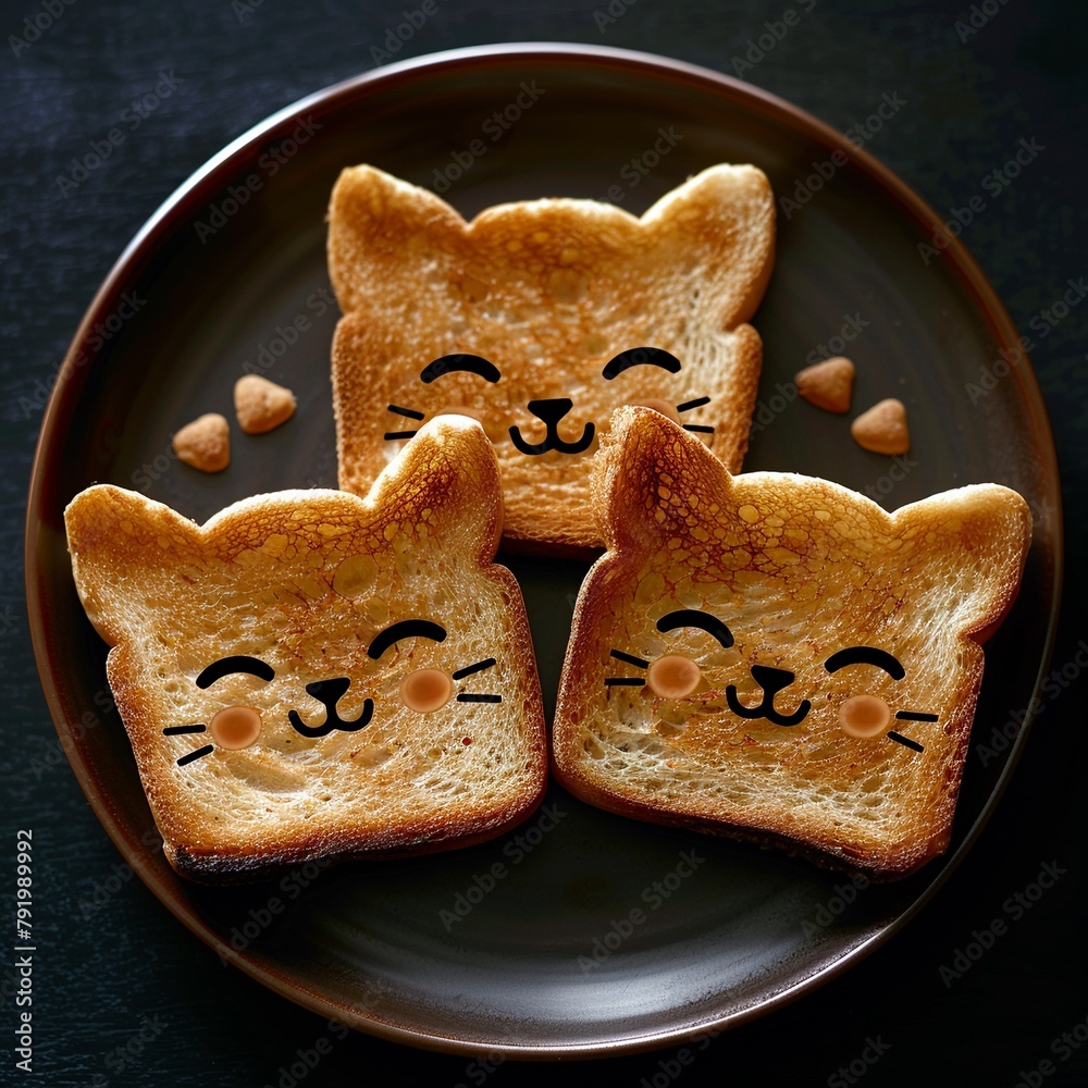 Cute Cat Toast A cartoon drawing of three slices of toast, each adorned ...