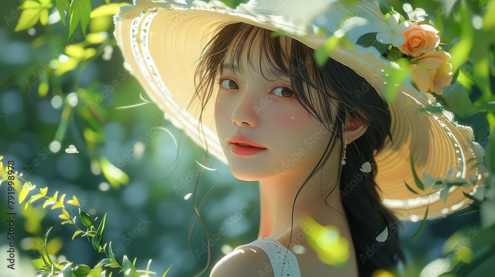 Sun Hat Style A 2D cartoonstyle image of a woman in a sun hat and white ...