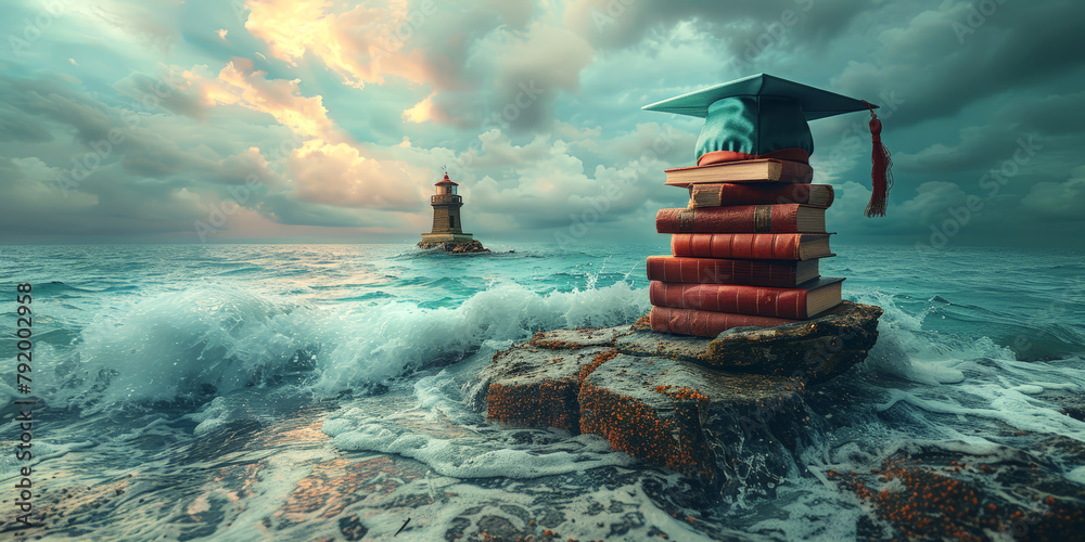 Books and graduation cap on rocky shore with lighthouse, metaphor for ...