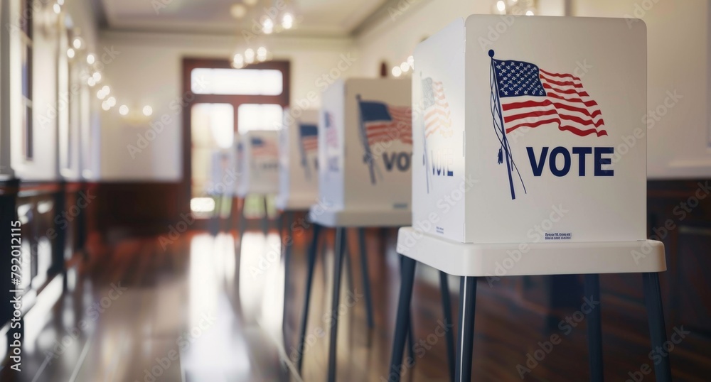 "Vote" signs on the walls featuring USA flags and white background ...