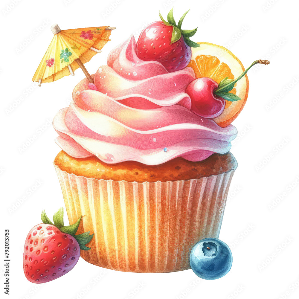 Watercolor Summer Cupcake Clipart Illustration Stock Illustration