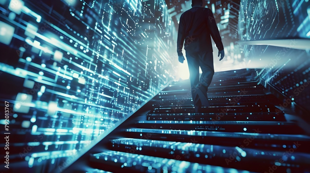 Man Walking Up A Flight Of Stairs Into The Digital Matrix Of ...