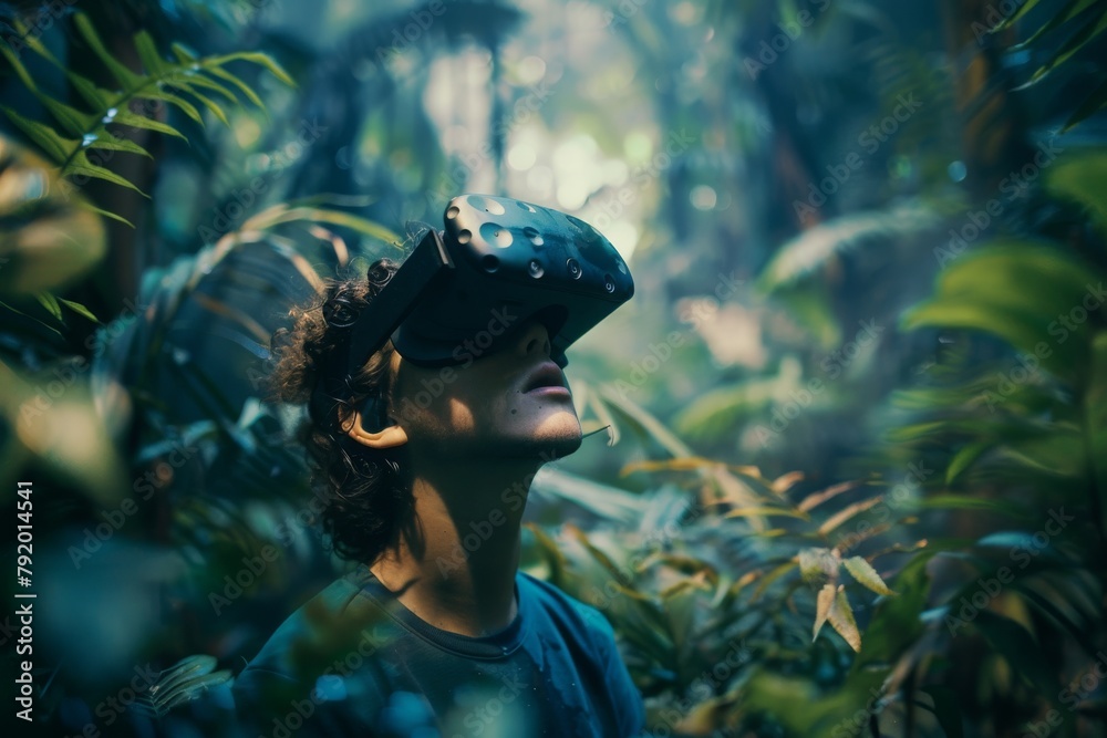 Amidst lush green foliage, a person in VR goggles turns their face up ...