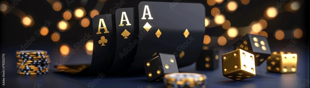 3d black poker cards with golden elements, dice and chips on the ...