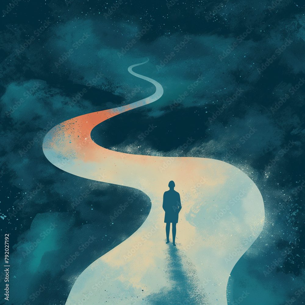 Illustration depicting a person standing at a crossroads, contemplating ...