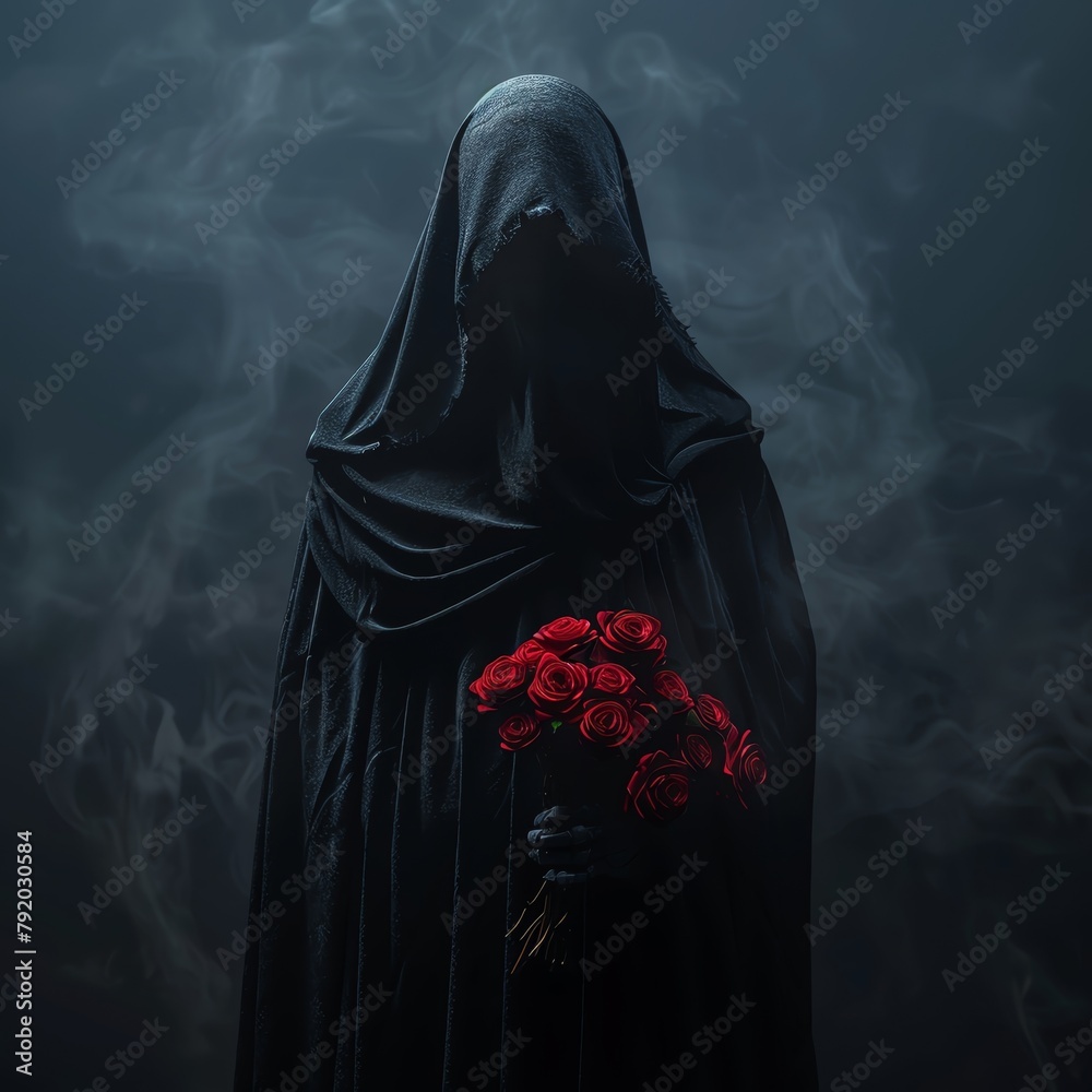 A black hooded grim reaper holding red roses, full body against a dark ...