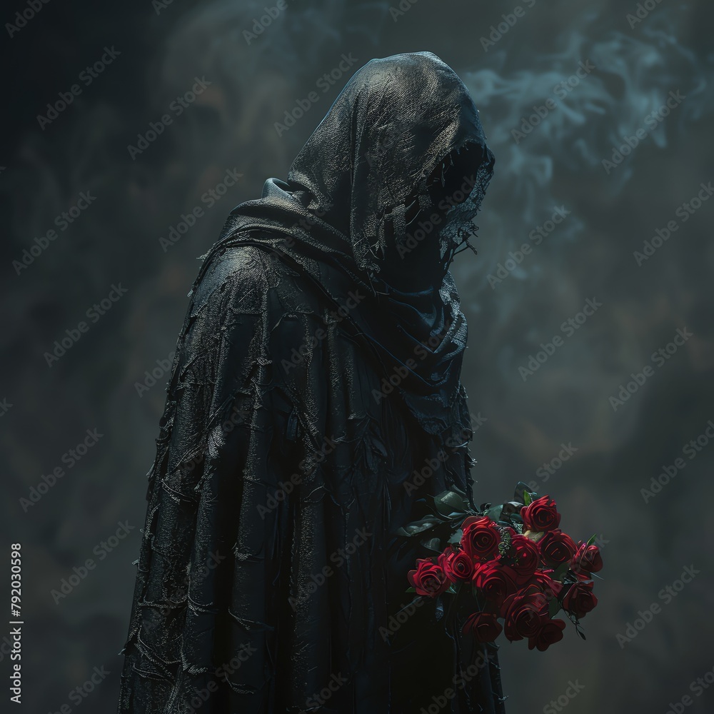 A black hooded grim reaper holding red roses, full body against a dark ...