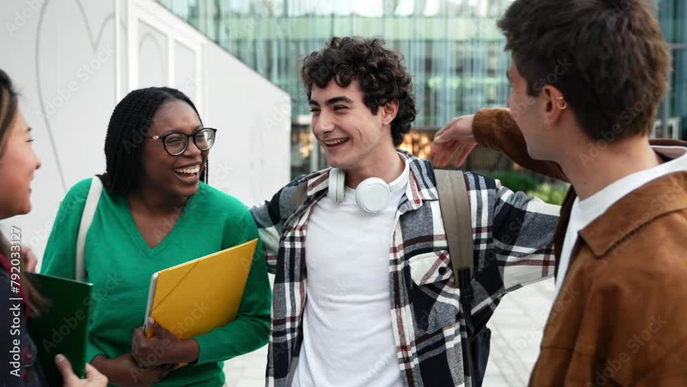 Happy student meeting group of friends at the University campus Stock ...
