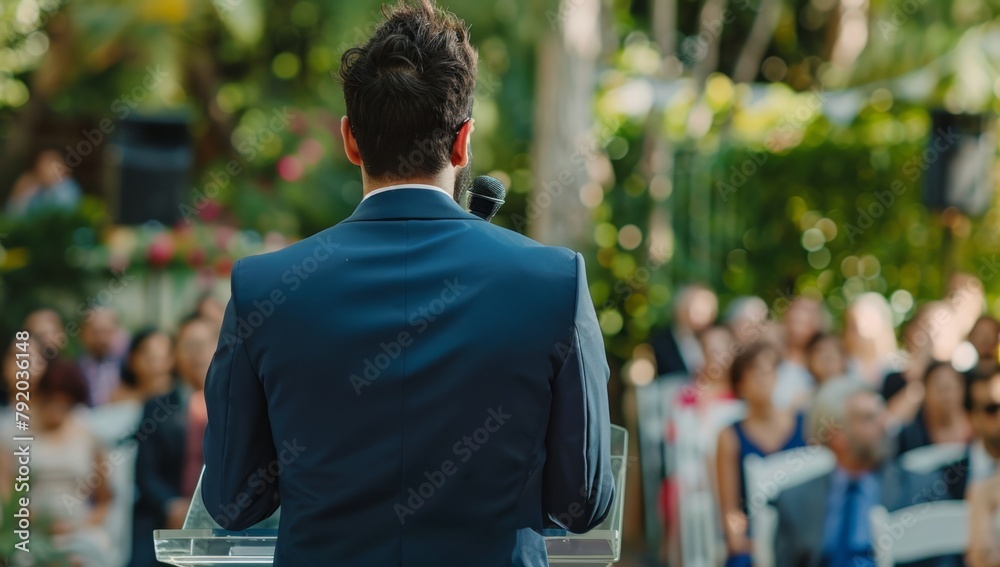 A business man giving an elegant speech at the podium in front of a ...