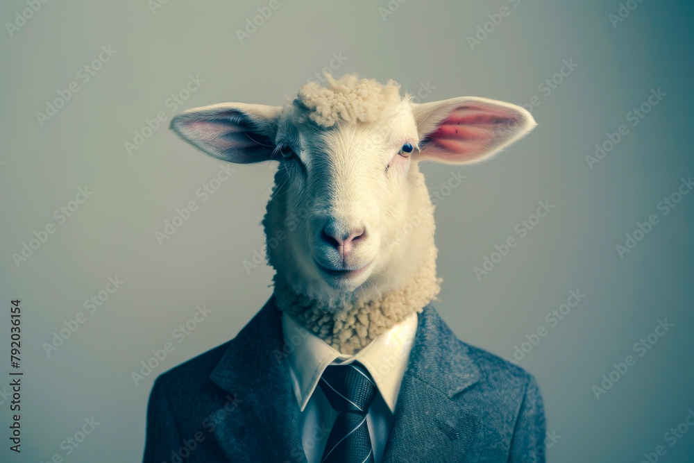 A sheep wearing a suit and tie is the main subject of the image. The ...
