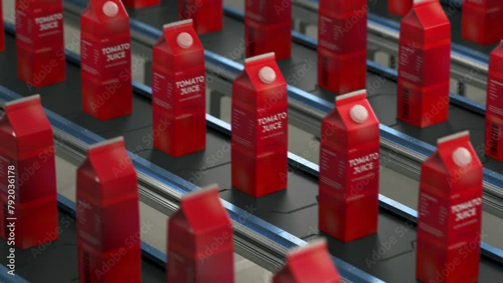 Tomato Juice Beverage Cartons Advance On Production Conveyor System ...