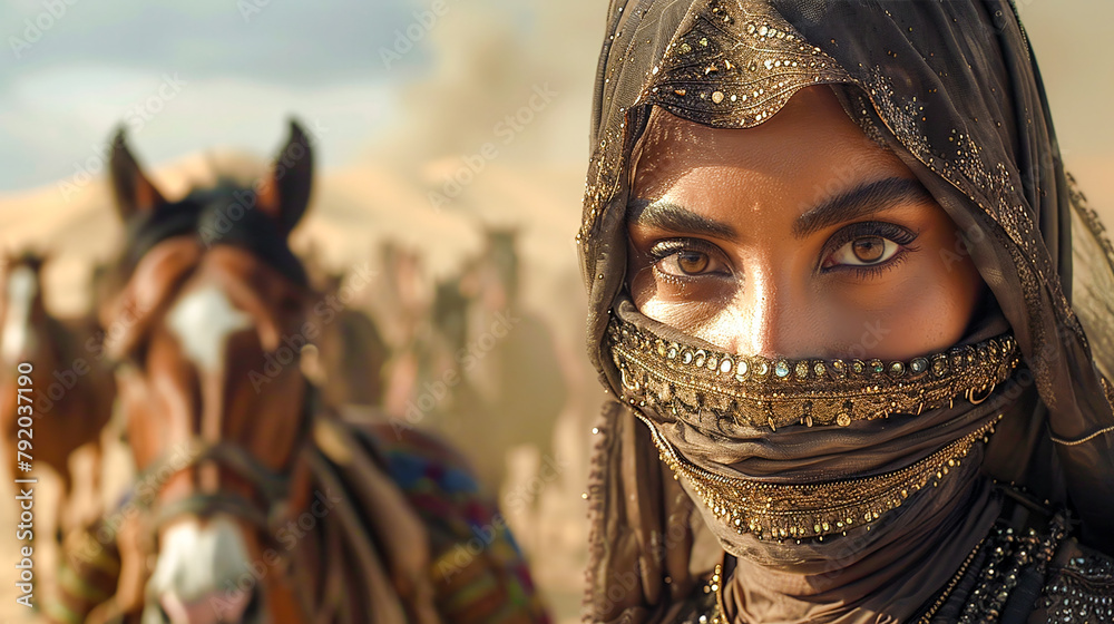 Young pretty Bedouin woman in the desert with veils and horses in the ...
