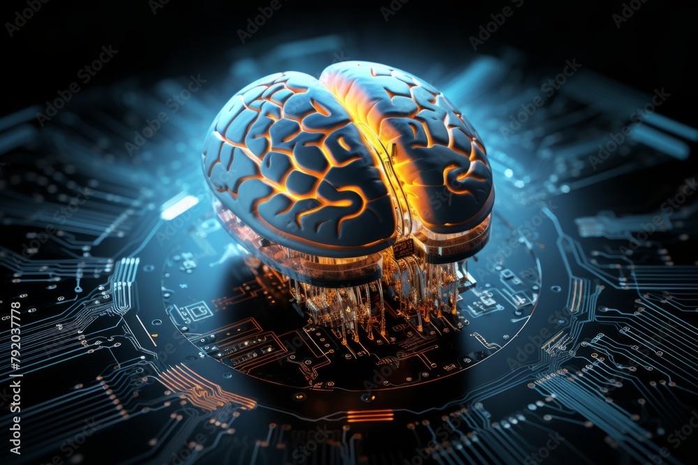 Human brain connected to a chip. Digital brain concept with Network Connections, Generative AI ...