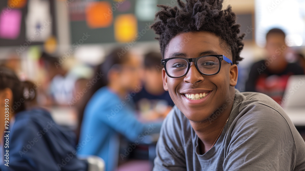 Within a bustling classroom, a male high school student is photographed ...