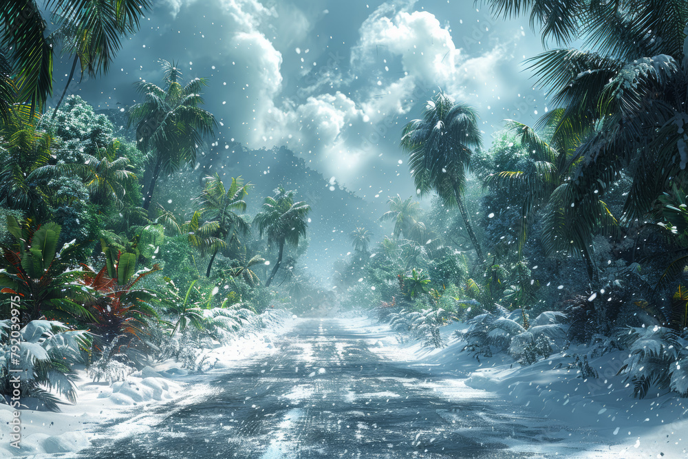 The intersection of a blizzard and a tropical rainforest, depicting the ...