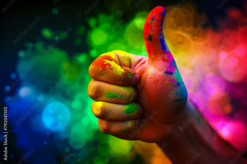 A hand with colorful paint on it is giving a thumbs up. The image has a ...