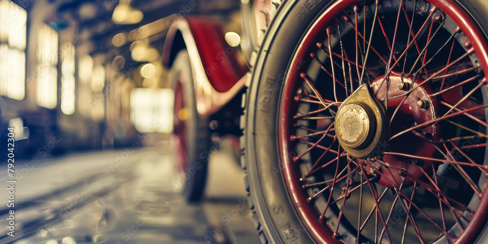 A close up of a red tire with a black rim. The tire is in a garage with ...