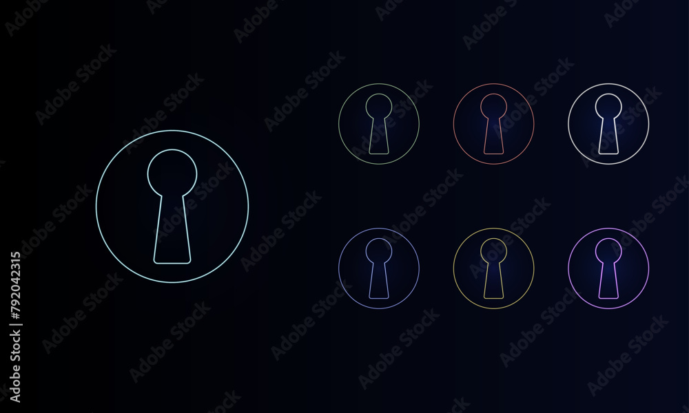 A set of neon keyhole symbols. Set of different color symbols, faint ...