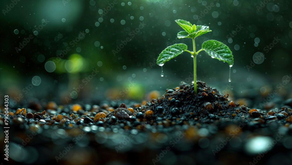 Green seedling growing out soil with water drop. Ecology concept. Fresh ...