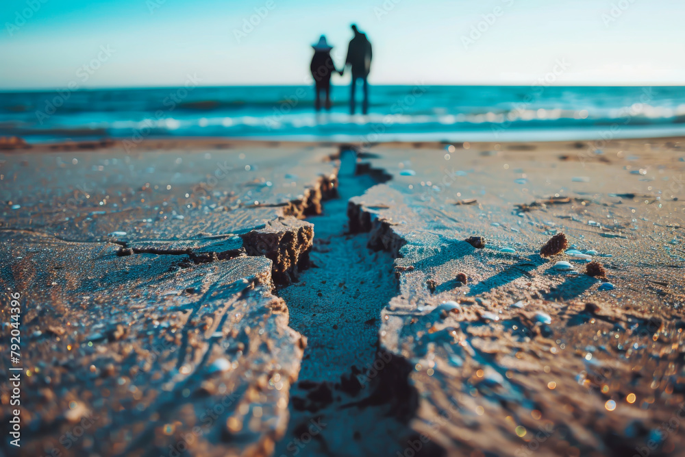 A couple standing on a beach with a large crack in the sand between ...