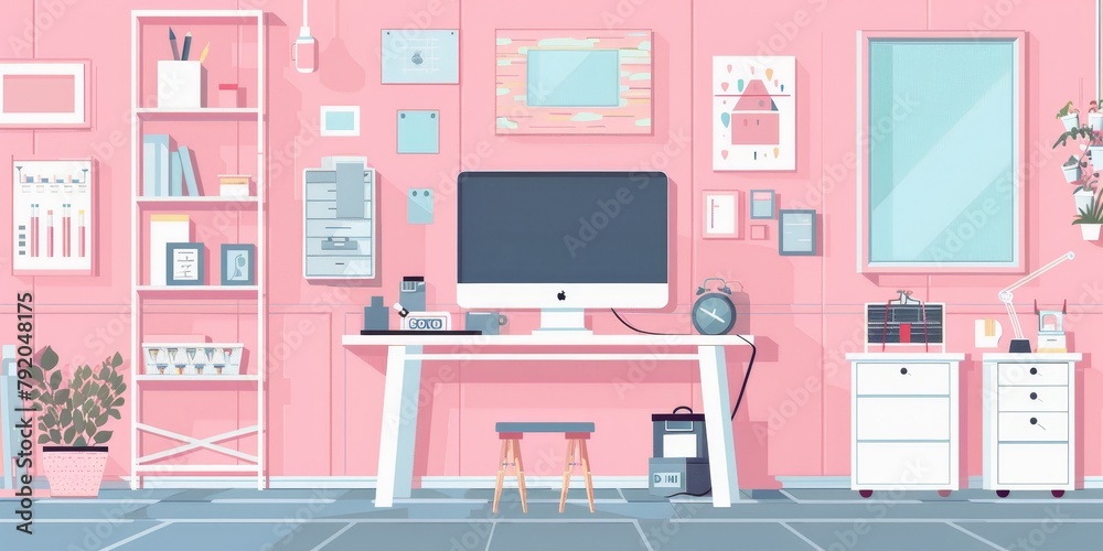 A computer desk with a pink wall and a pink computer monitor. The desk ...