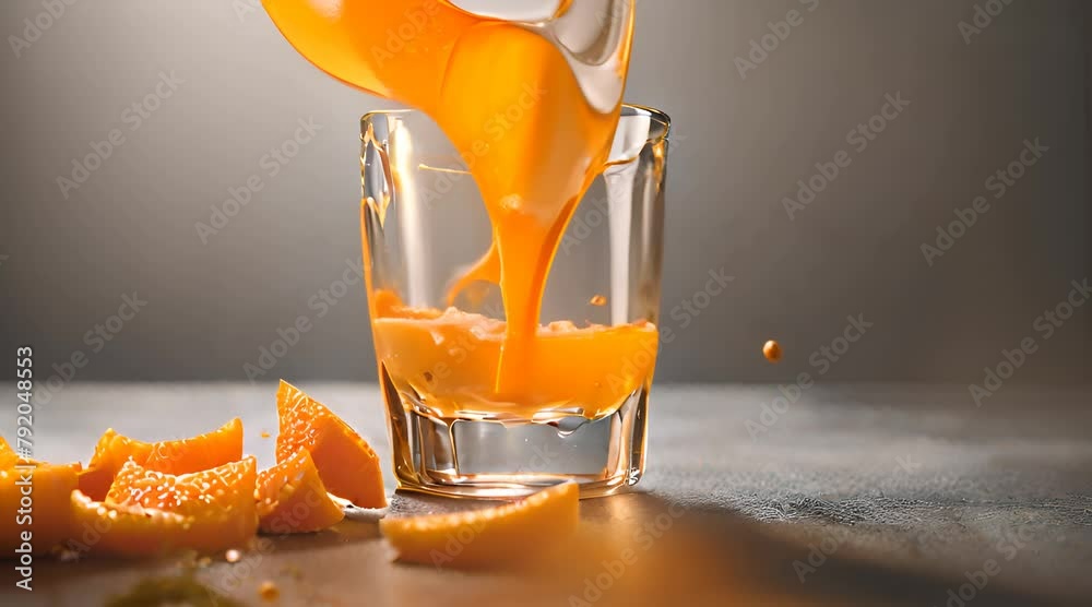 Fresh Orange Juice Pouring into Glass, Close-up of vibrant orange juice ...