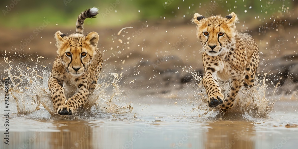 Two baby cheetahs running in the water. Scene is playful and energetic ...