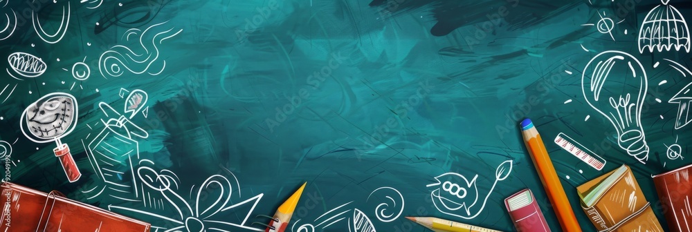 Chalkboard background with educational doodles and objects - A classic ...