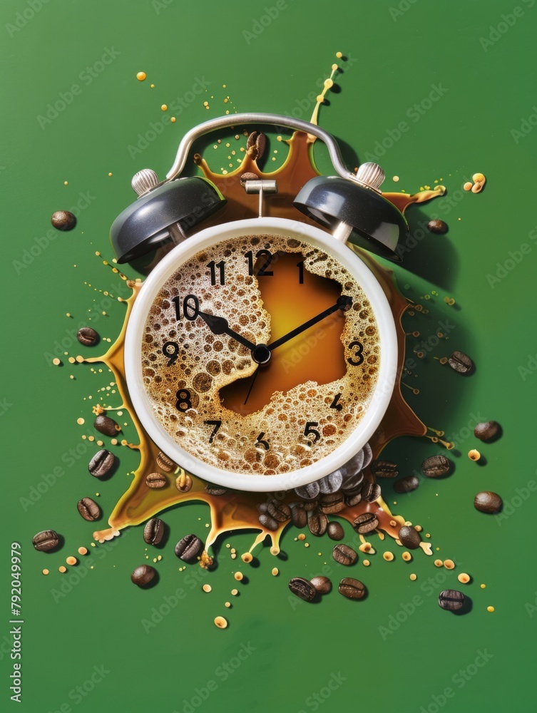 Exploding alarm clock with coffee concept - A surreal image of an alarm ...