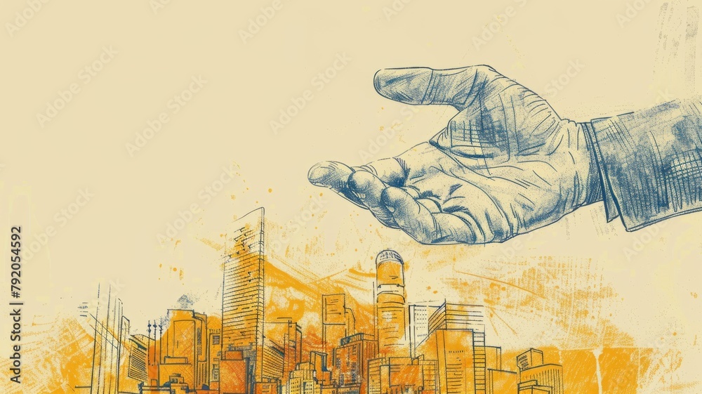 Hand drawing a city skyline on an orange background - Hand drawing a ...