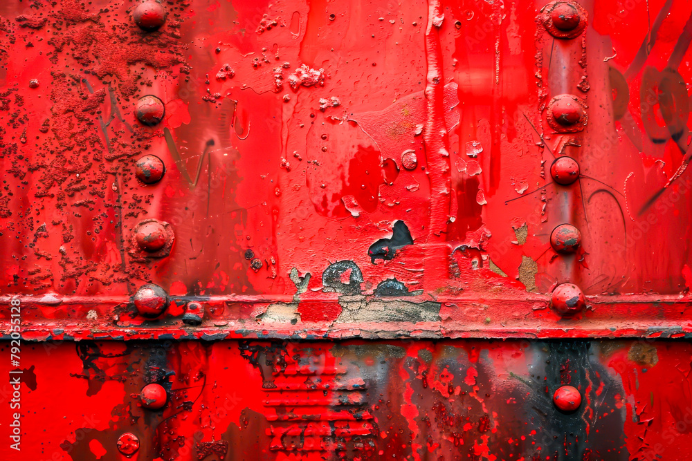 A red metal surface with rust and paint splatters. The surface is old ...