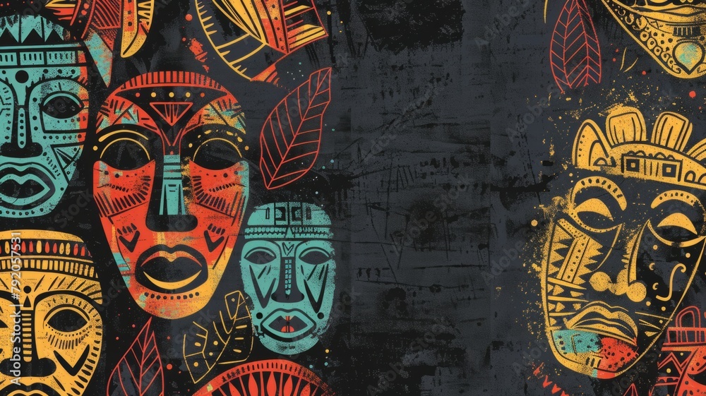 Colorful African tribal masks on a dark backdrop - The artwork ...