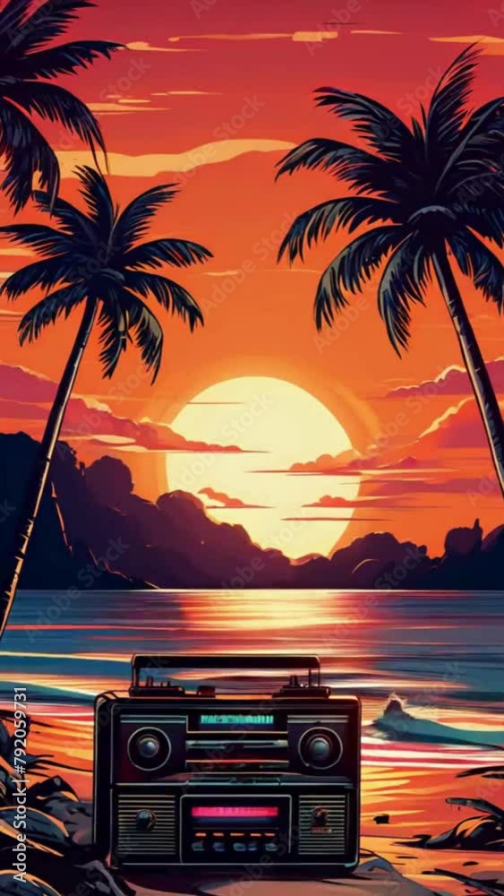 Beach palms sunset lo fi animated cartoon background. Moving clouds ...